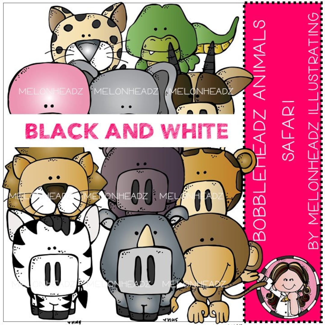 Safari Animals Clip Art Bobbleheadz BLACK AND WHITE - Etsy