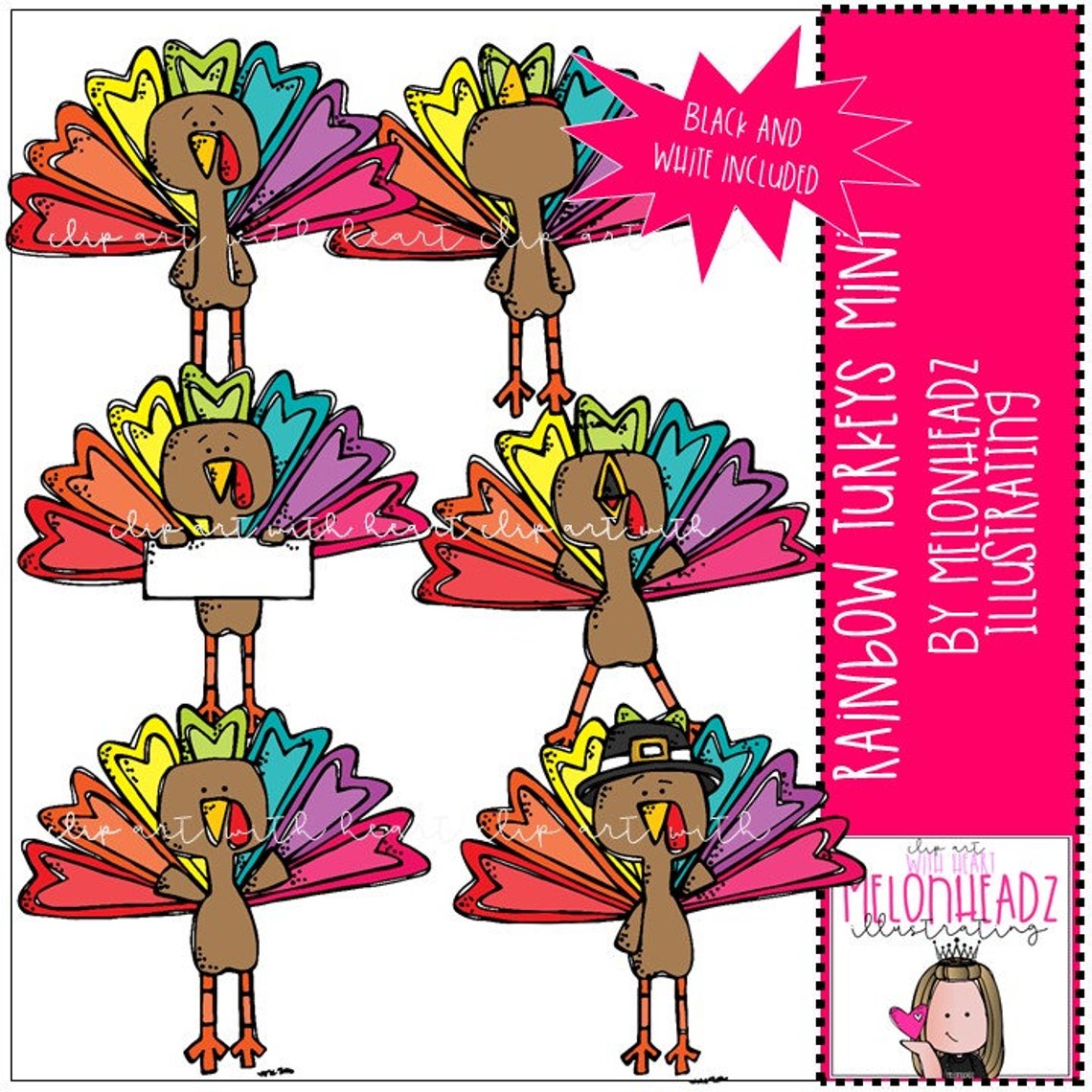 Rainbow Turkeys Clip Art Mini - Etsy
