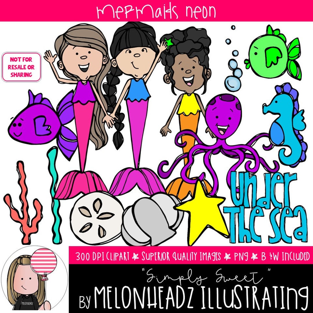 Mermaids Clip Art Digi Stamps simply Sweet NEON Style Mini - Etsy