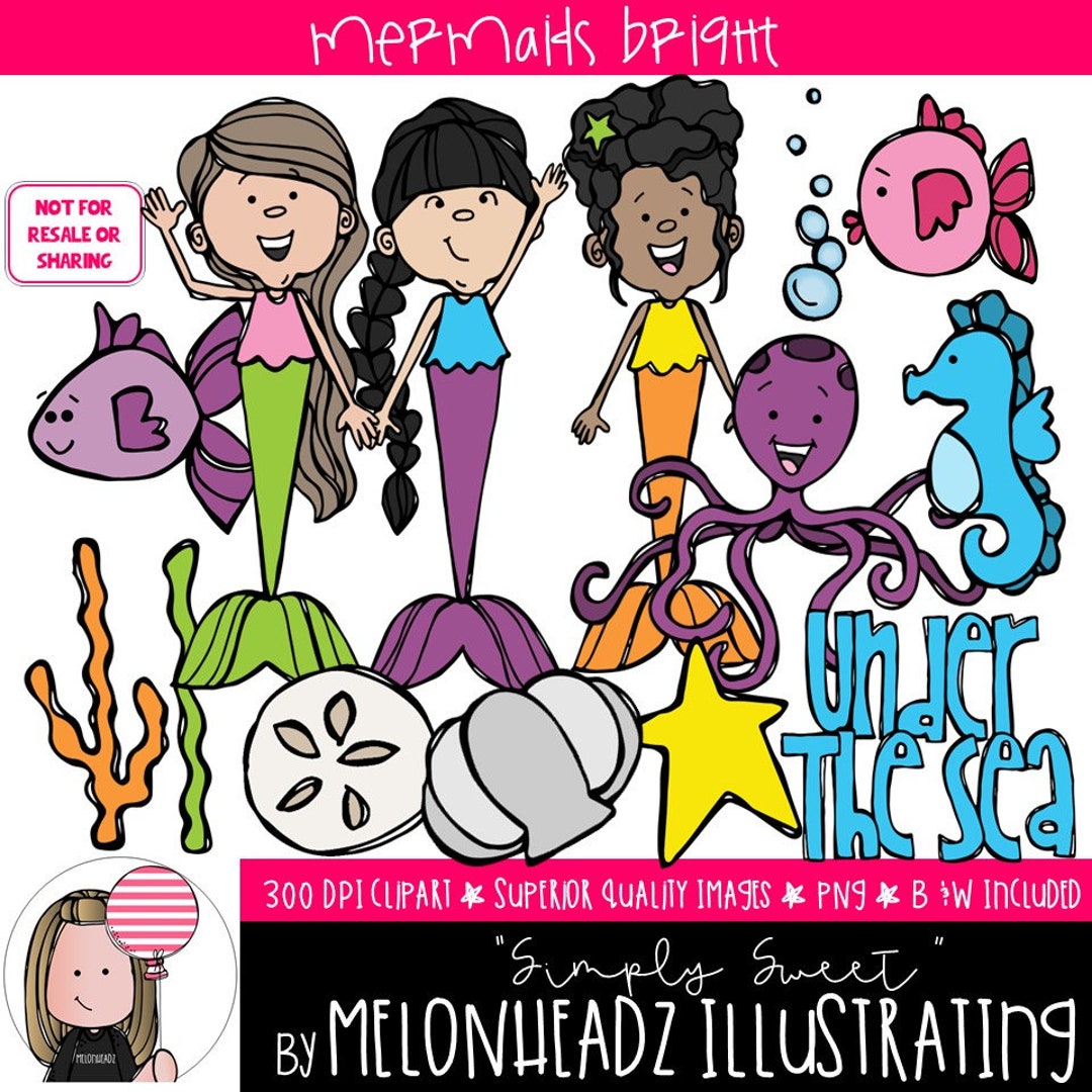 Mermaids Clip Art Digi Stamps "simply Sweet" BRIGHT Style Mini - Etsy