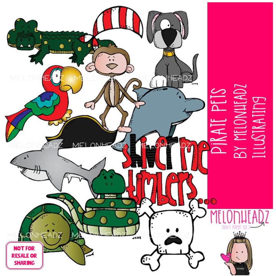 Pirate Pets Clip Art, Shark, Dolphin, Monkey COLORED Version - Etsy UK