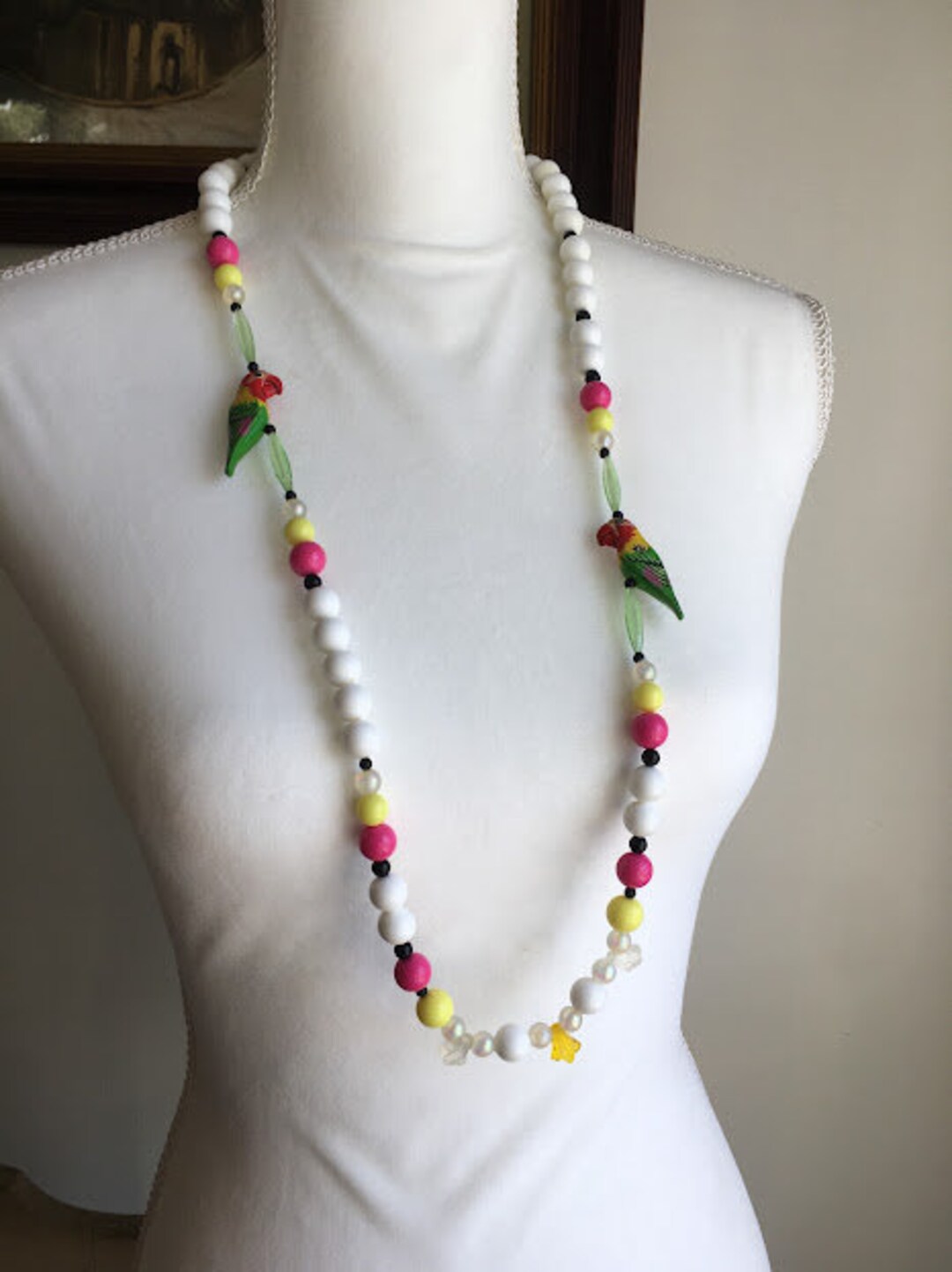 Vintage Beaded and Wooden Parrot Necklace, Colorful Parrots, Hand ...