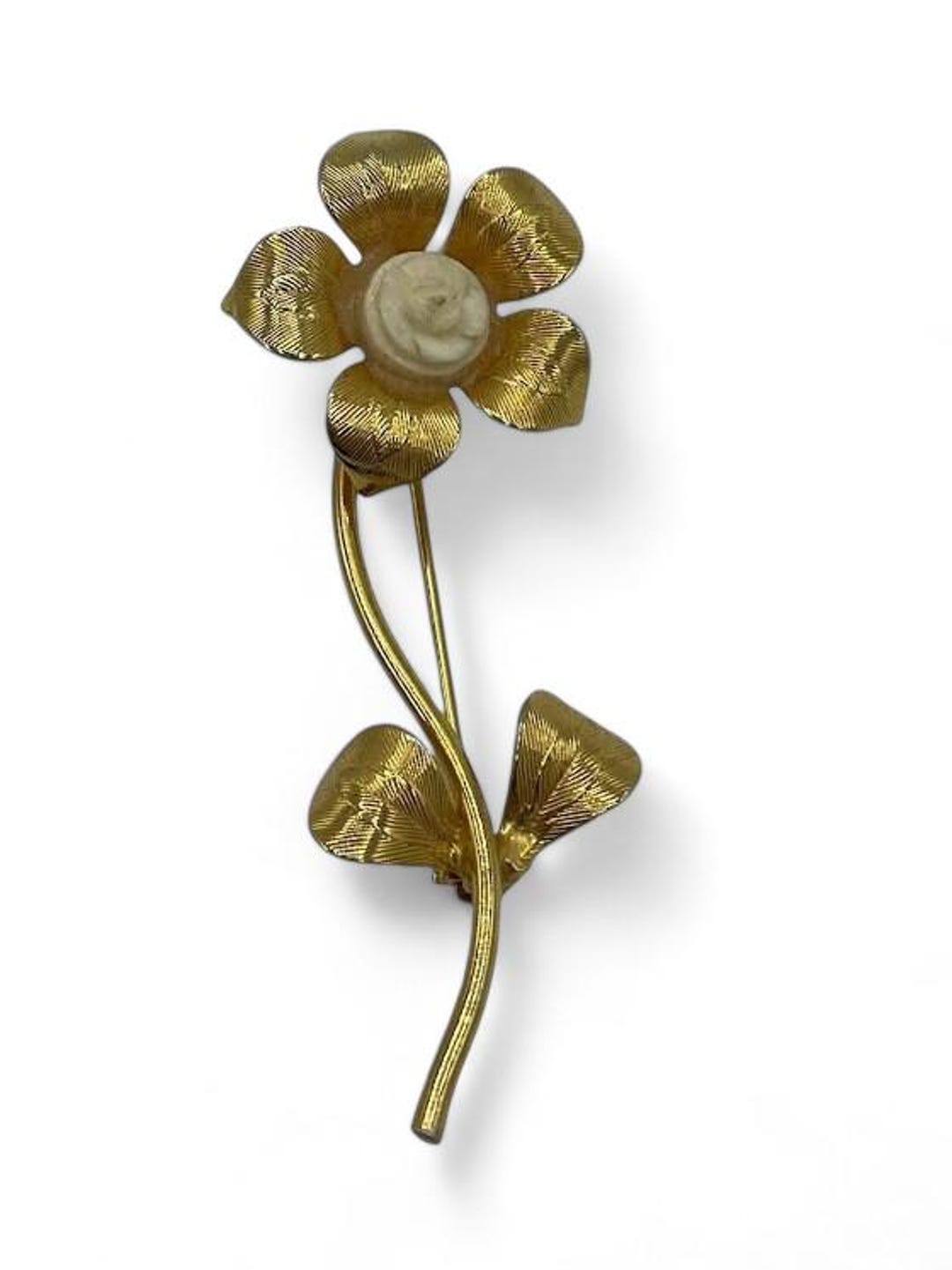 Vintage Gold Plated Long Stem Flower Pin, Floral Brooch, Resin Center ...
