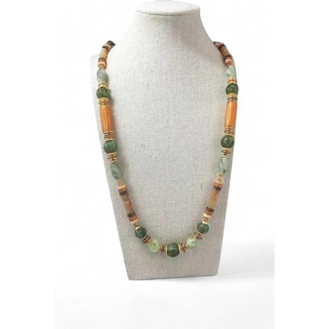 Vintage Neutral Colors Beaded Necklace , Gold Tone Findings, Mid ...