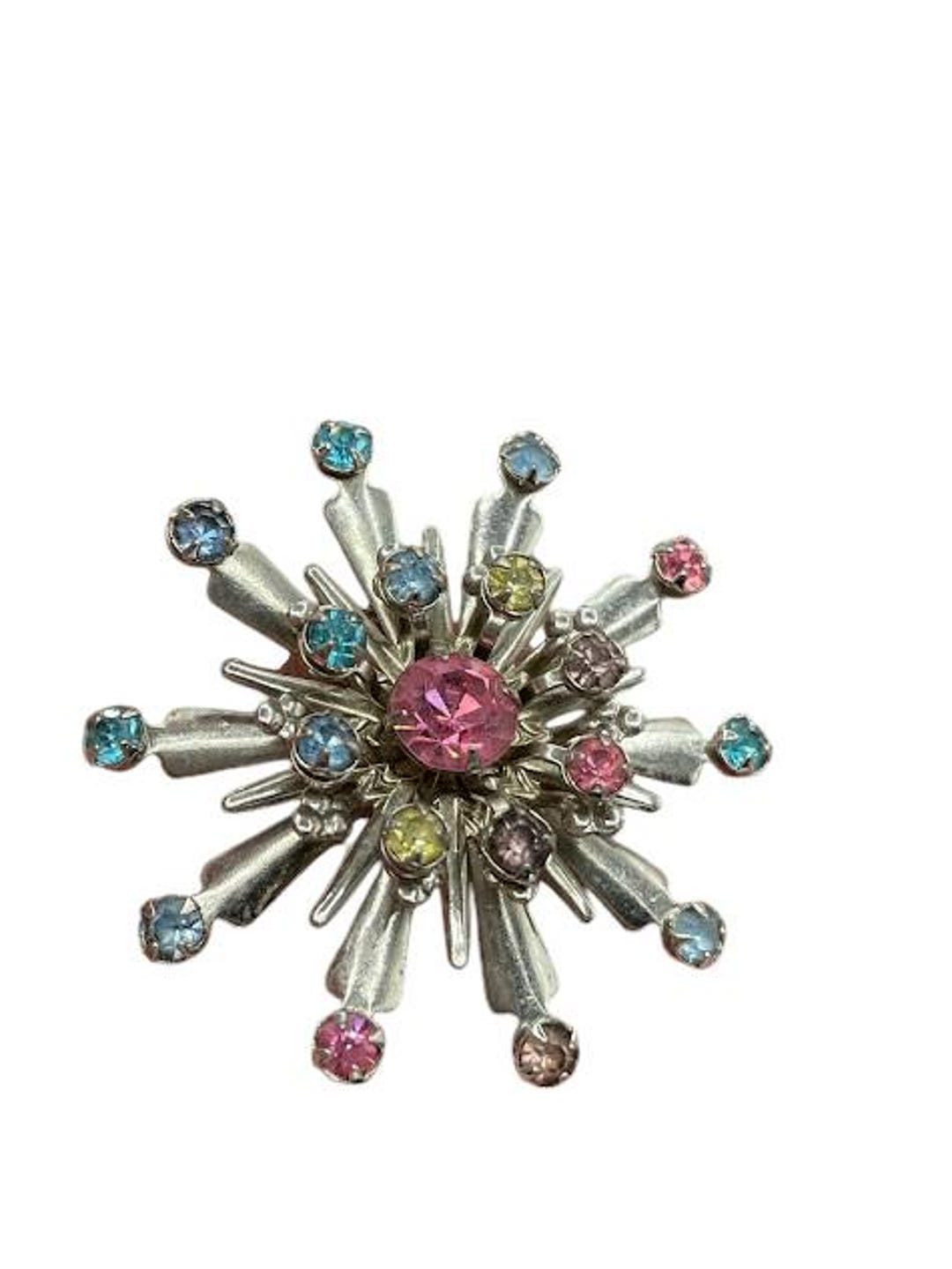 Vintage Atomic Starburst Firework Pastel Brooch Prong Set Rhinestone 3D ...