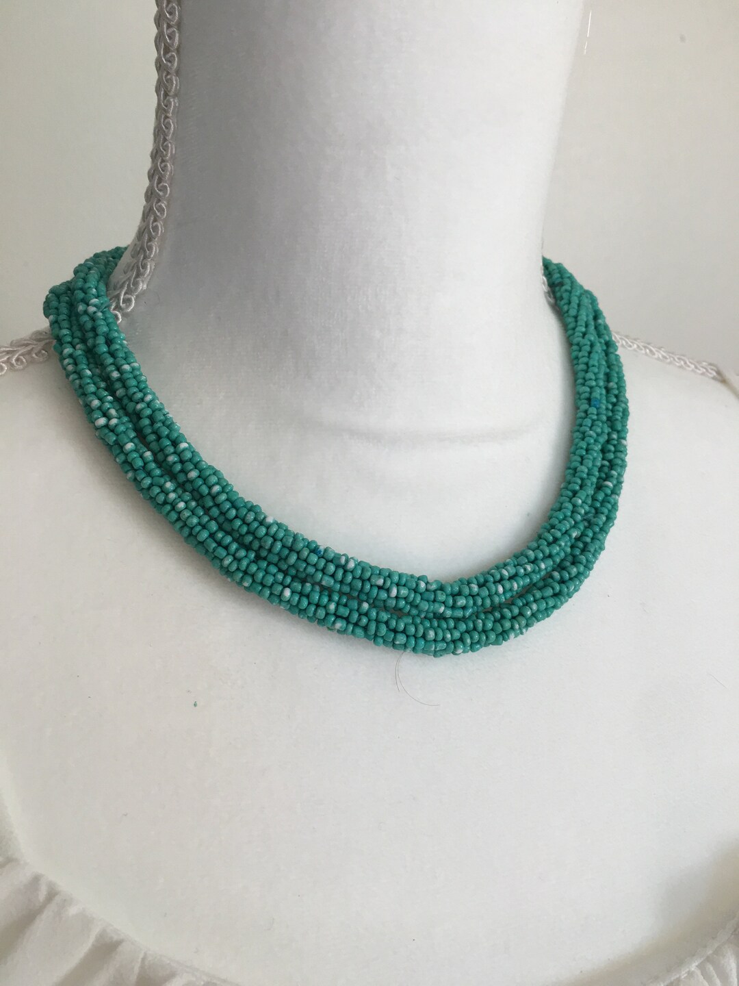 Vintage Woven Seed Bead Rope Necklace Aqua 40" Infinity Boho Long ...