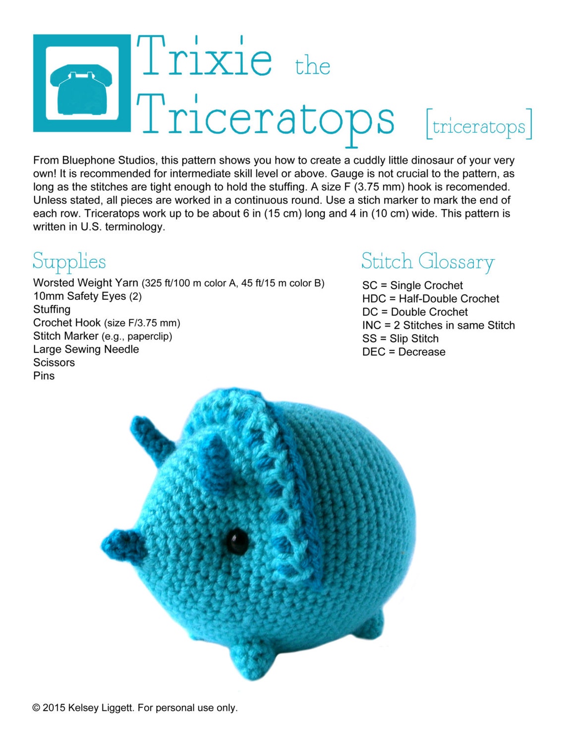 Crochet Pattern: Trixie the Triceratops - Etsy