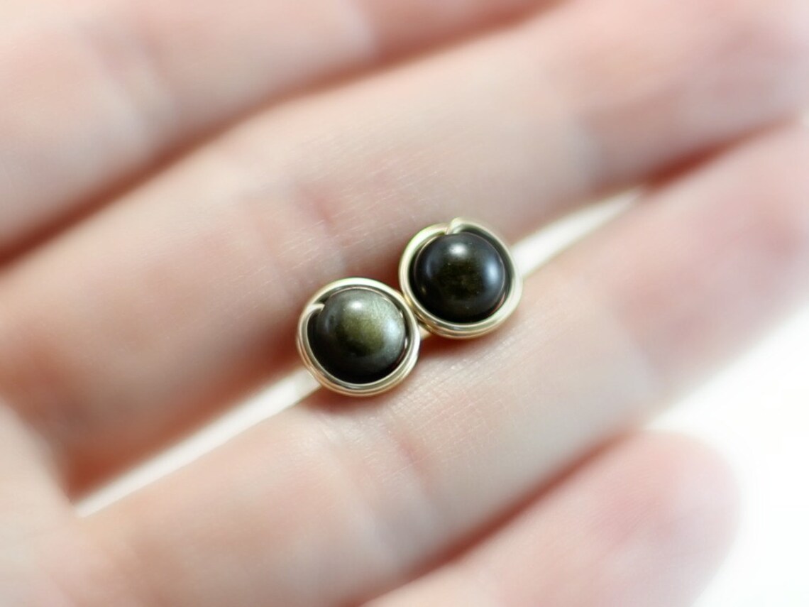 Gold Obsidian Earrings 14k Gold Filled Obsidian Stud Earrings | Etsy