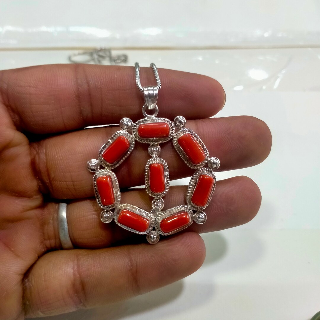 Natural Red Coral Red Coral Red Coral Pendant Sterling Silver Pendent ...
