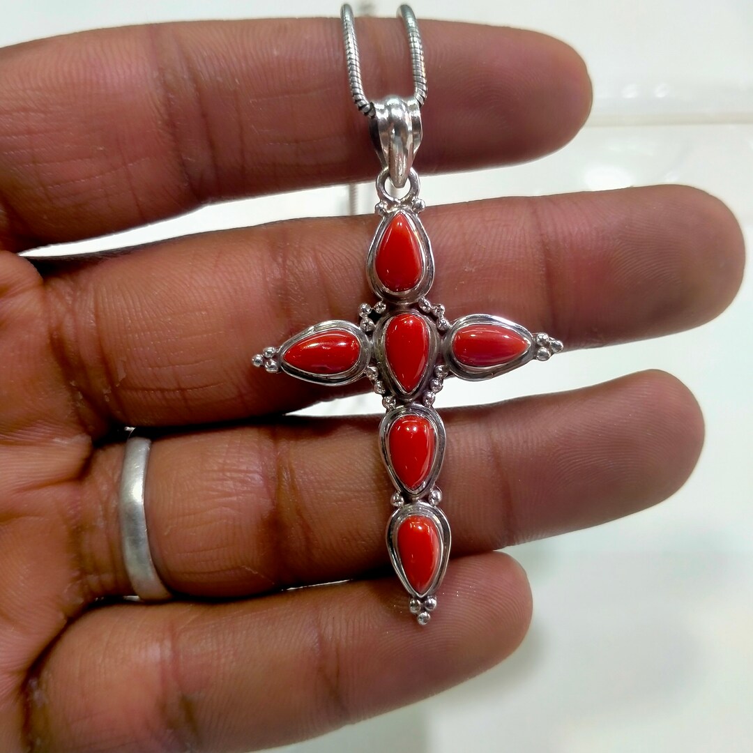 Handmade Red Coral Sterling Silver Cross Pendant (5x8 MM) - Etsy