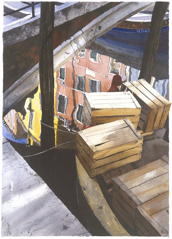 Venetian Crates on a Vegetable Boat Watercolour Giclée Print | Etsy