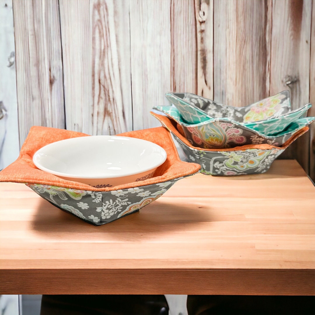Microwave Bowl Cozy, Reversible Bowl Cover, Teal Gray Floral, Soup Bowl ...
