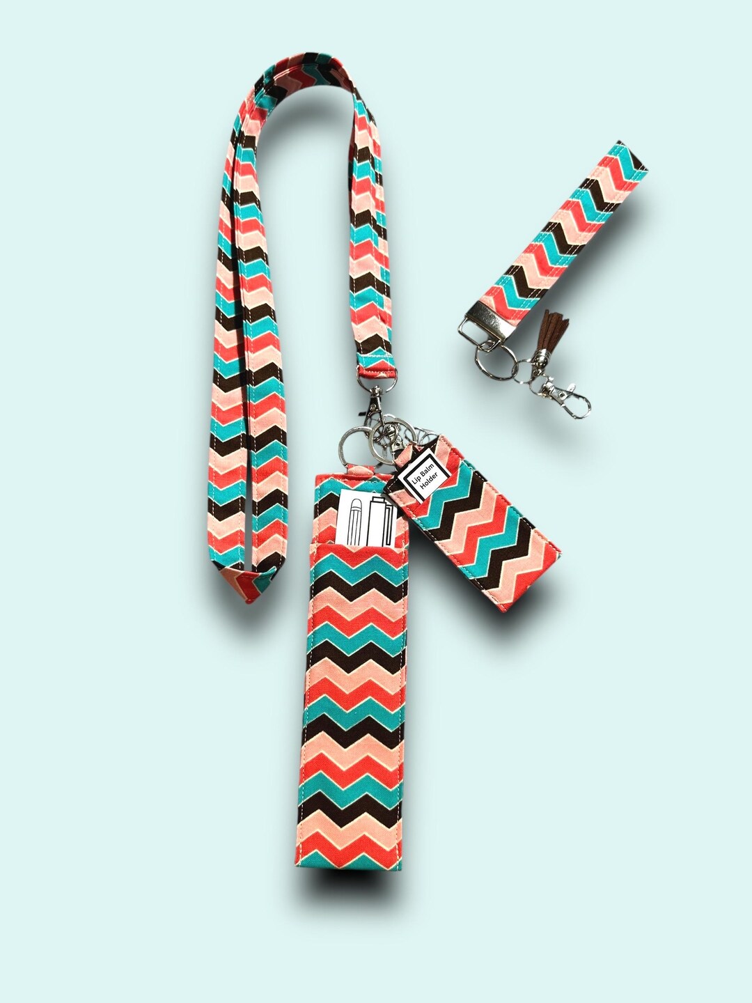 Ready to Ship! Teal Chevron Lanyard, Key Fob, Lip Balm Keychain & Pen ...