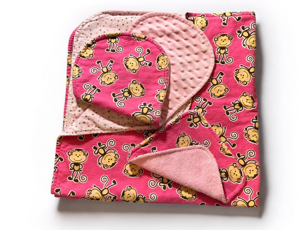 READY TO SHIP Baby Girl Shower Gift Set. Pink Monkey Soft Flannel 34 ...