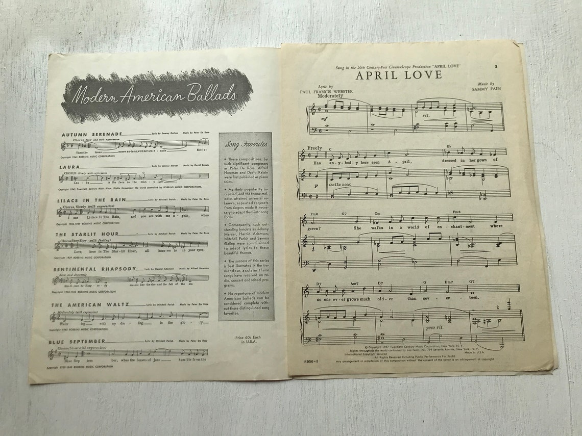 Vintage April Love Sheet Music From April Love Movie - 1957 - From ...