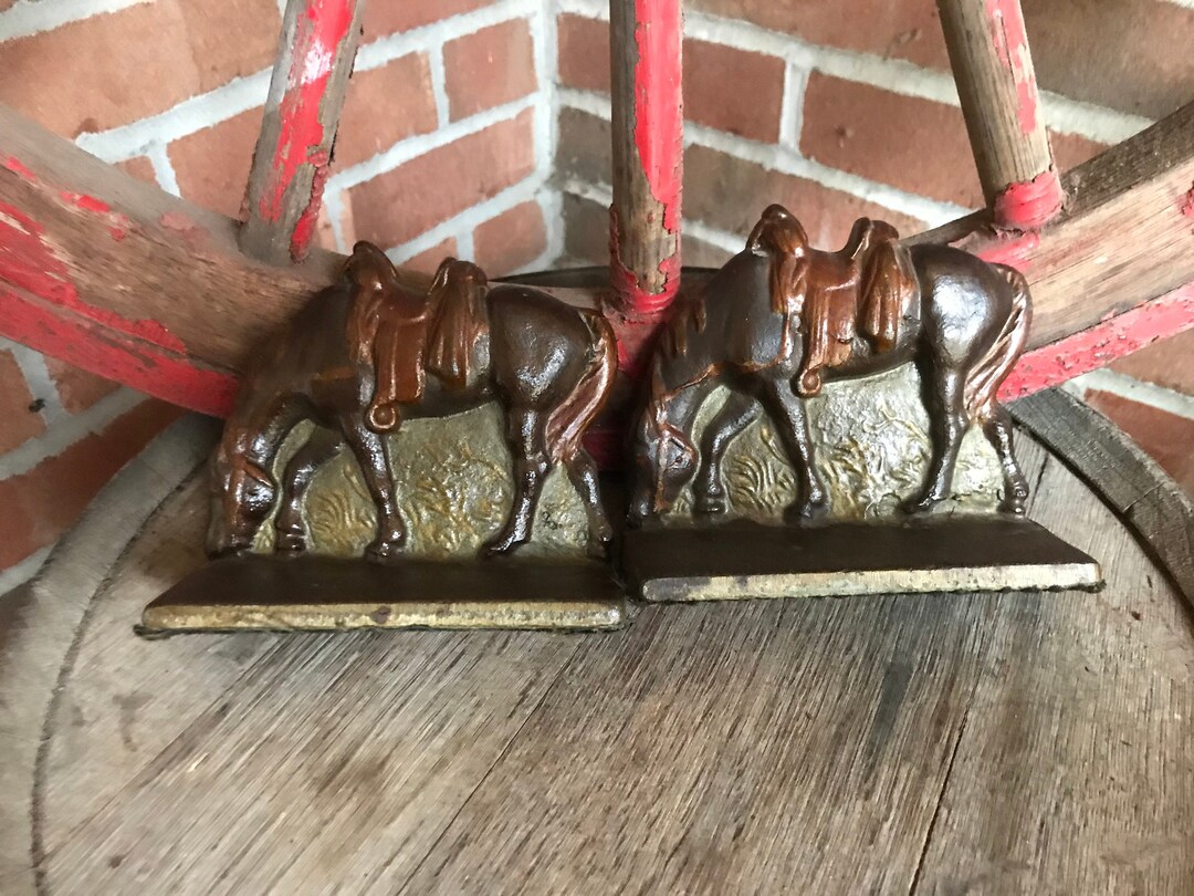 Vintage Verona Bronze Finish Riderless Grazing Horse Cast Iron Bookends ...
