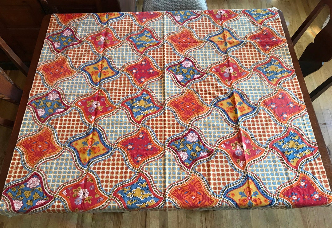 Vintage Bloomcraft Original Screen Print Floral Geometric Tablecloth ...