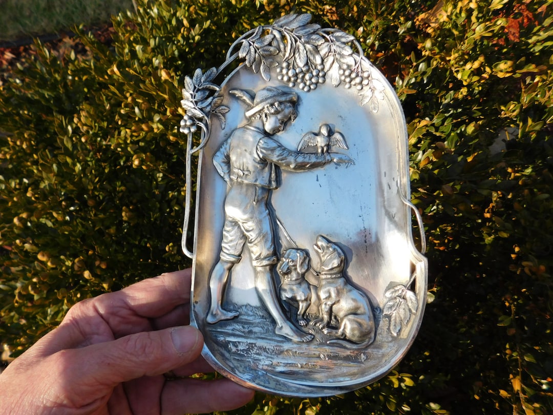 Vintage WMF Silver Plate Art Nouveau Boy Hawk & Dachshunds Hunting ...