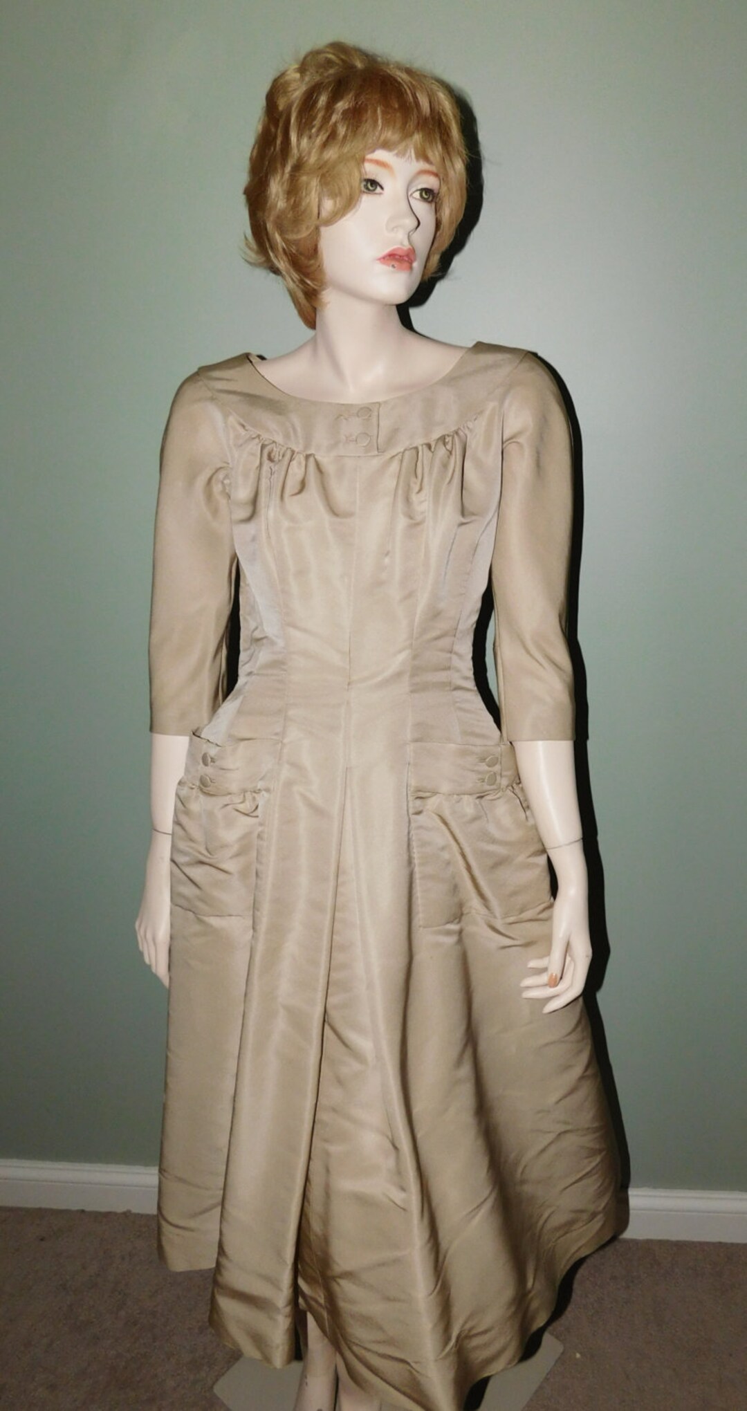 Vintage Lawrence Gaines for Malcolm Charles Tan Taffeta Midi After 5 ...