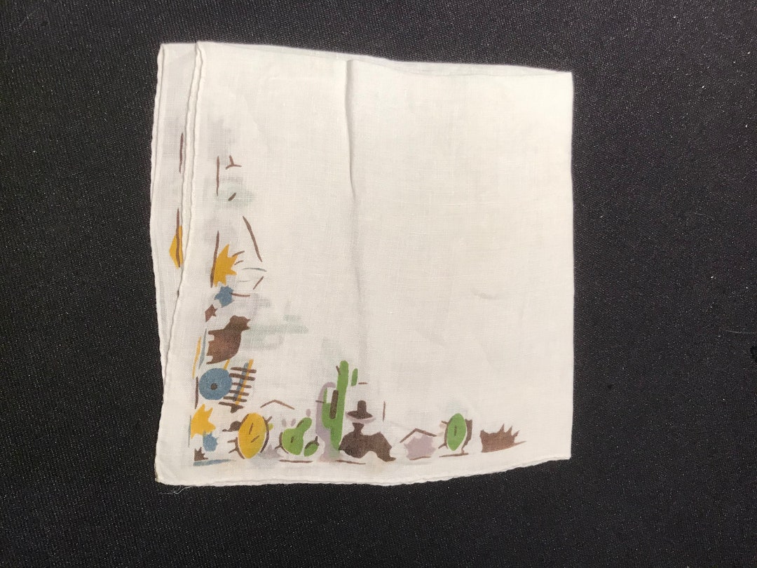 Vintage Southwestern Mexican Motif Linen Handkerchief - Circa 1960 ...
