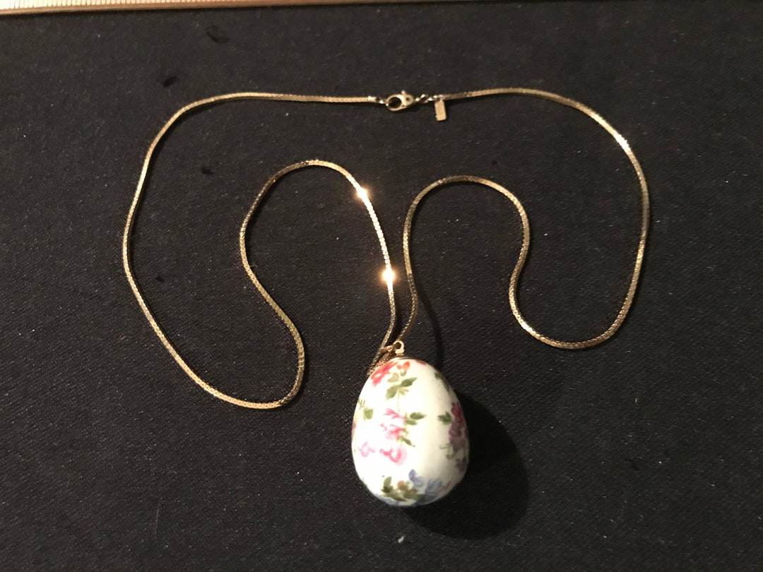 Vintage Porcelain Egg Pendant on Monet Gold Tone Chain - 1960s - From ...
