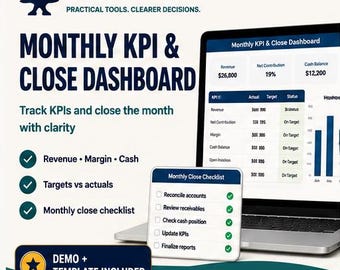 Monthly KPI and Close Dashboard Excel | Revenue, Margin and Cash Flow ...