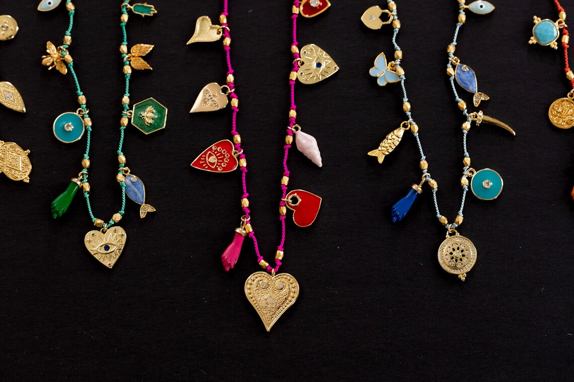 Charm Necklace, NINE CHARMS, Protection Necklace, Hand Knotted Necklace ...