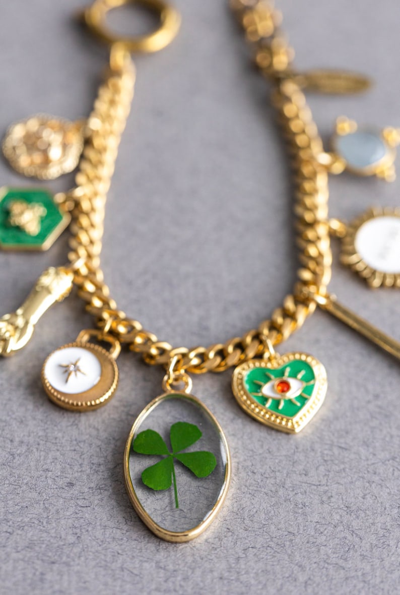 CHARM BRACELET, Clover Charm, TEN Charms, Vintage Chain, Curb Chain ...