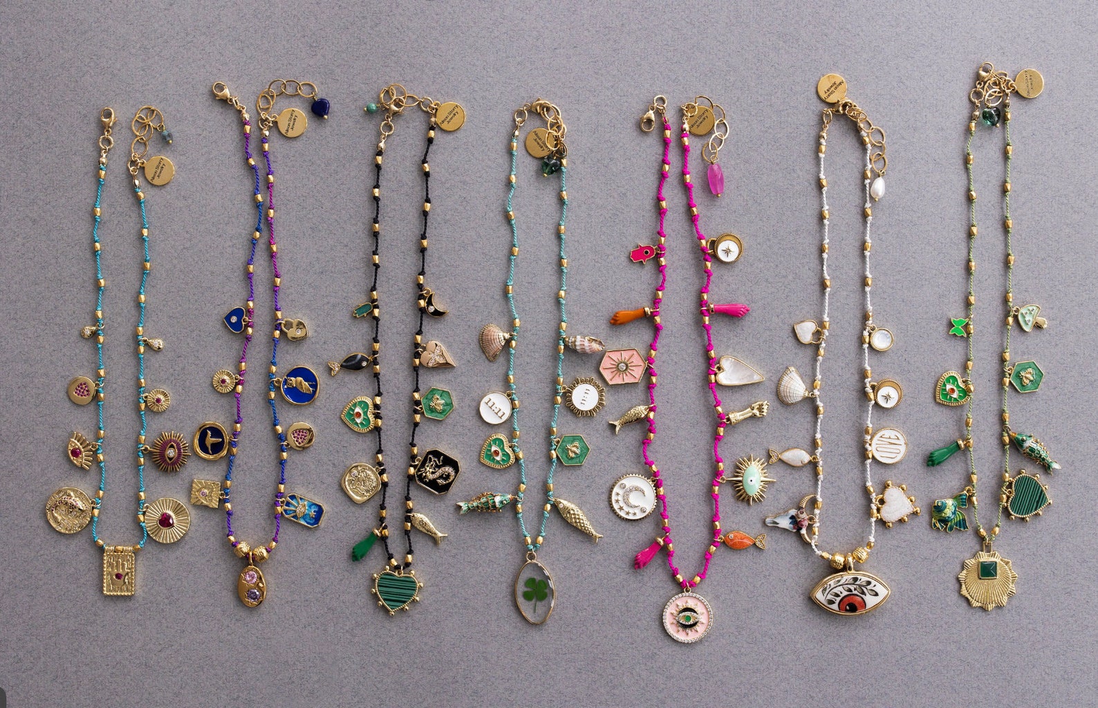 CHARM NECKLACE, Hand Knotted Necklace, NINE Charms, Gold Charm Necklace ...