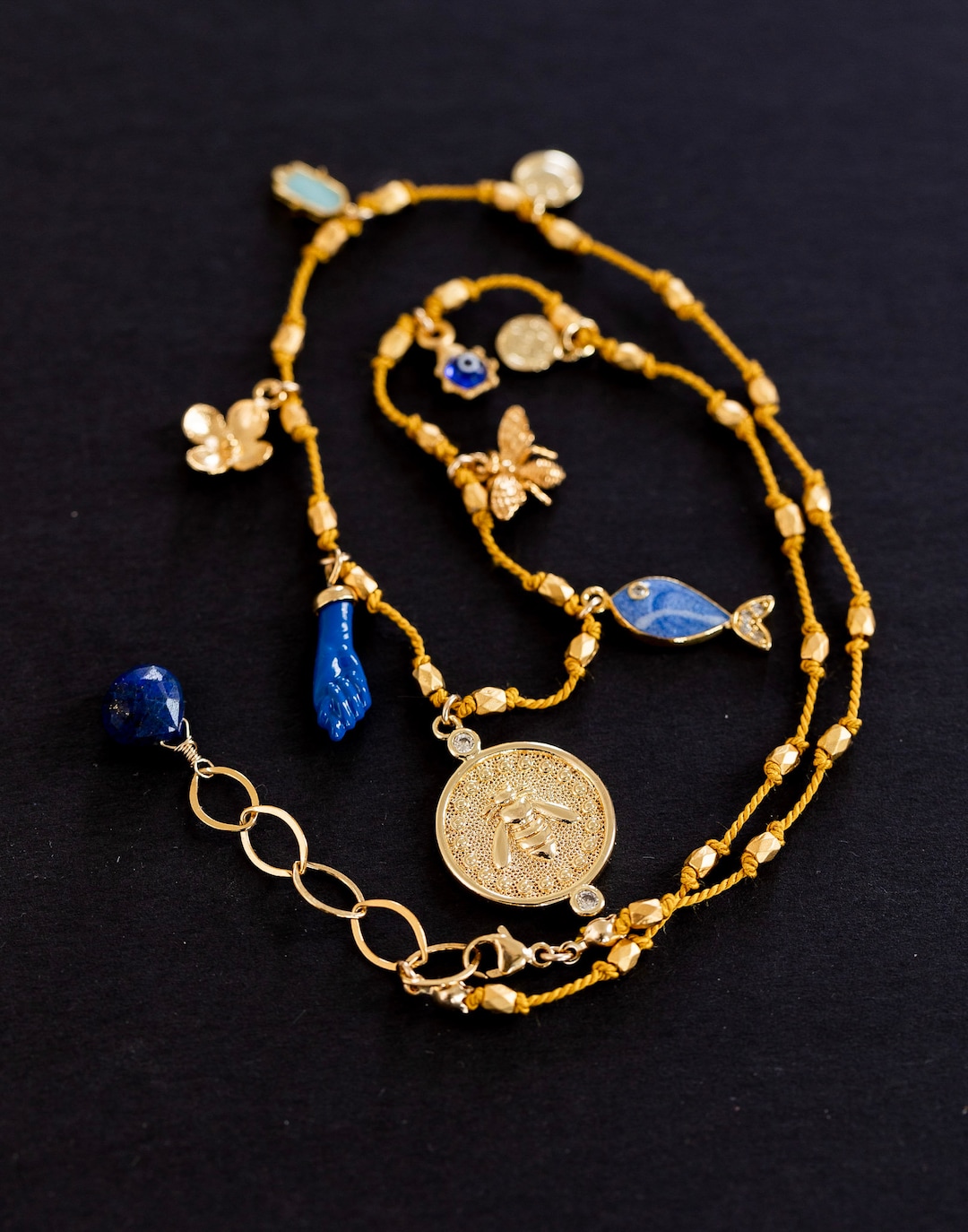 Charm Necklace, NINE CHARMS, Bee Charm Necklace, Hand Knotted Necklace ...