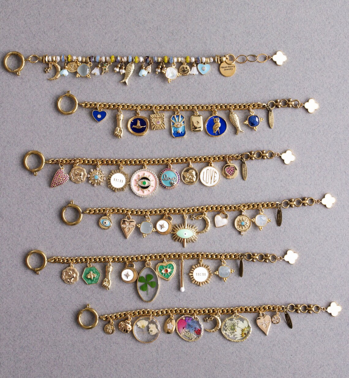 CHARM BRACELET, Clover Charm, TEN Charms, Vintage Chain, Curb Chain ...