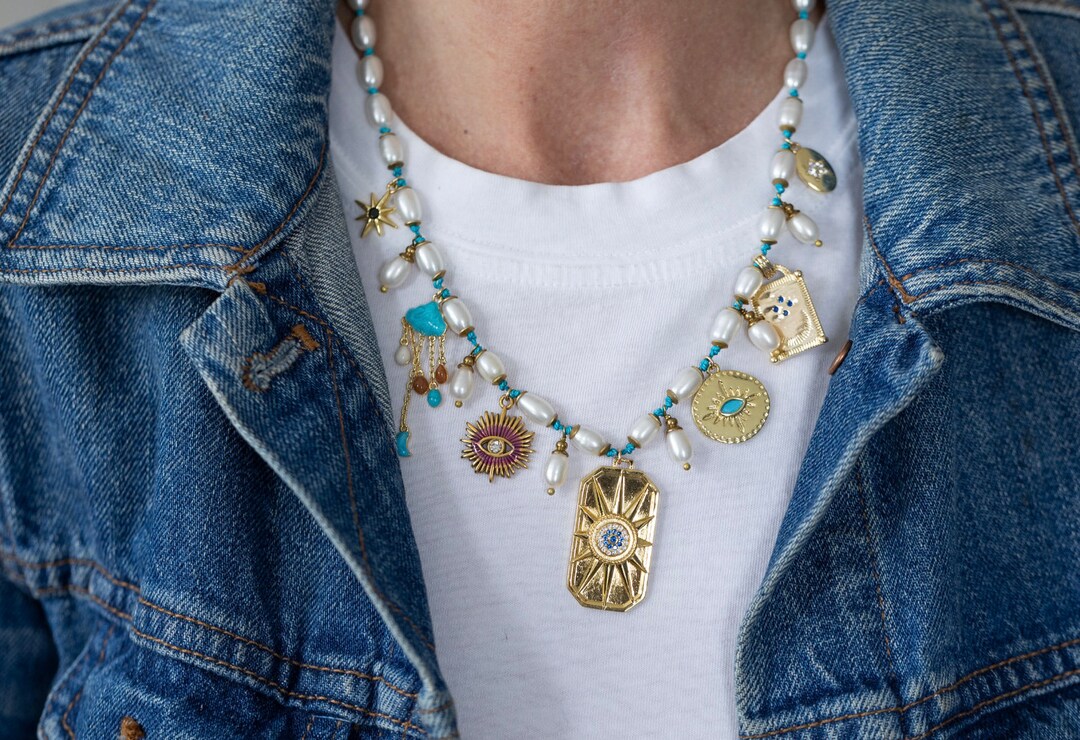 PEARL NECKLACE, SEVEN Charms, Charm Necklace, Knotted Necklace ...