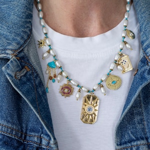 PEARL NECKLACE, SEVEN Charms, Charm Necklace, Knotted Necklace ...