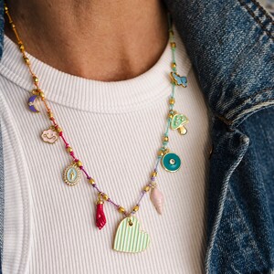 Charm Necklace, NINE CHARMS, Hand Knotted Necklace, Rainbow Necklace ...