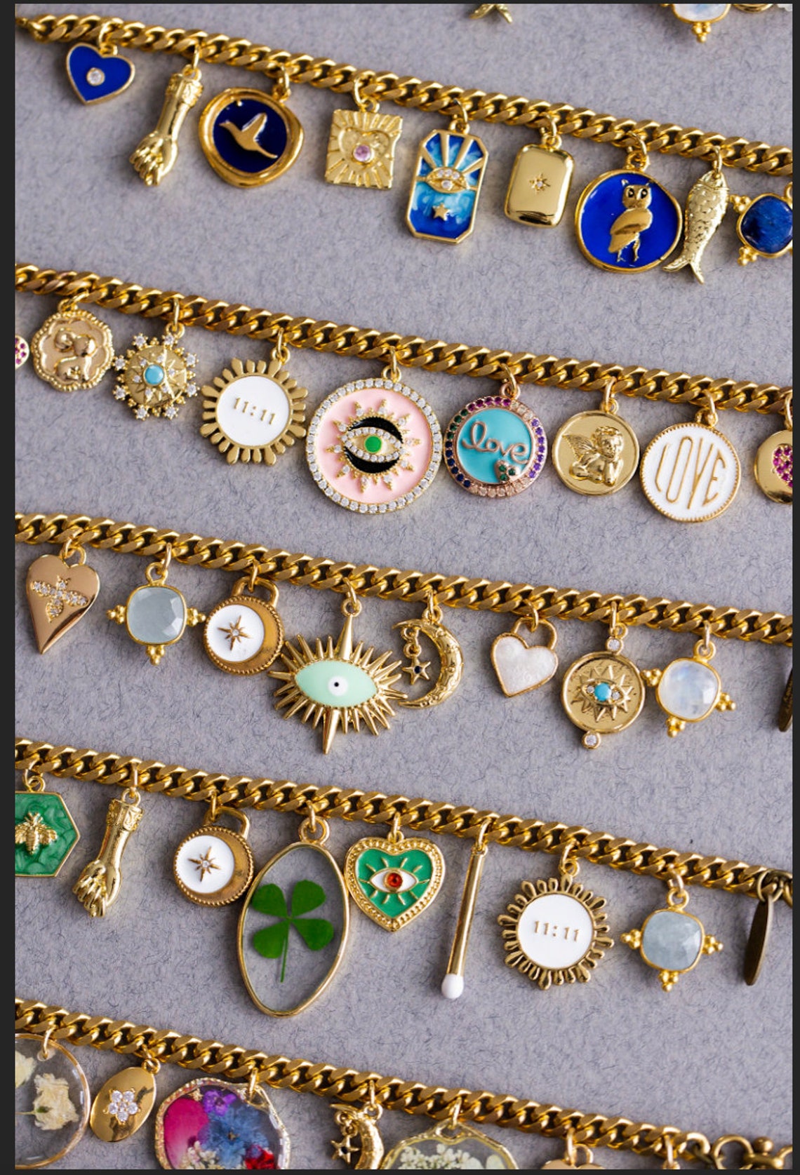 CHARM BRACELET, Clover Charm, TEN Charms, Vintage Chain, Curb Chain ...