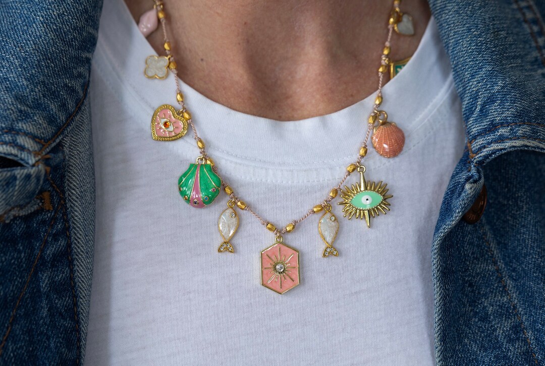 CHARM NECKLACE, Eleven Charms, Hand Knotted Necklace, Layering Necklace ...