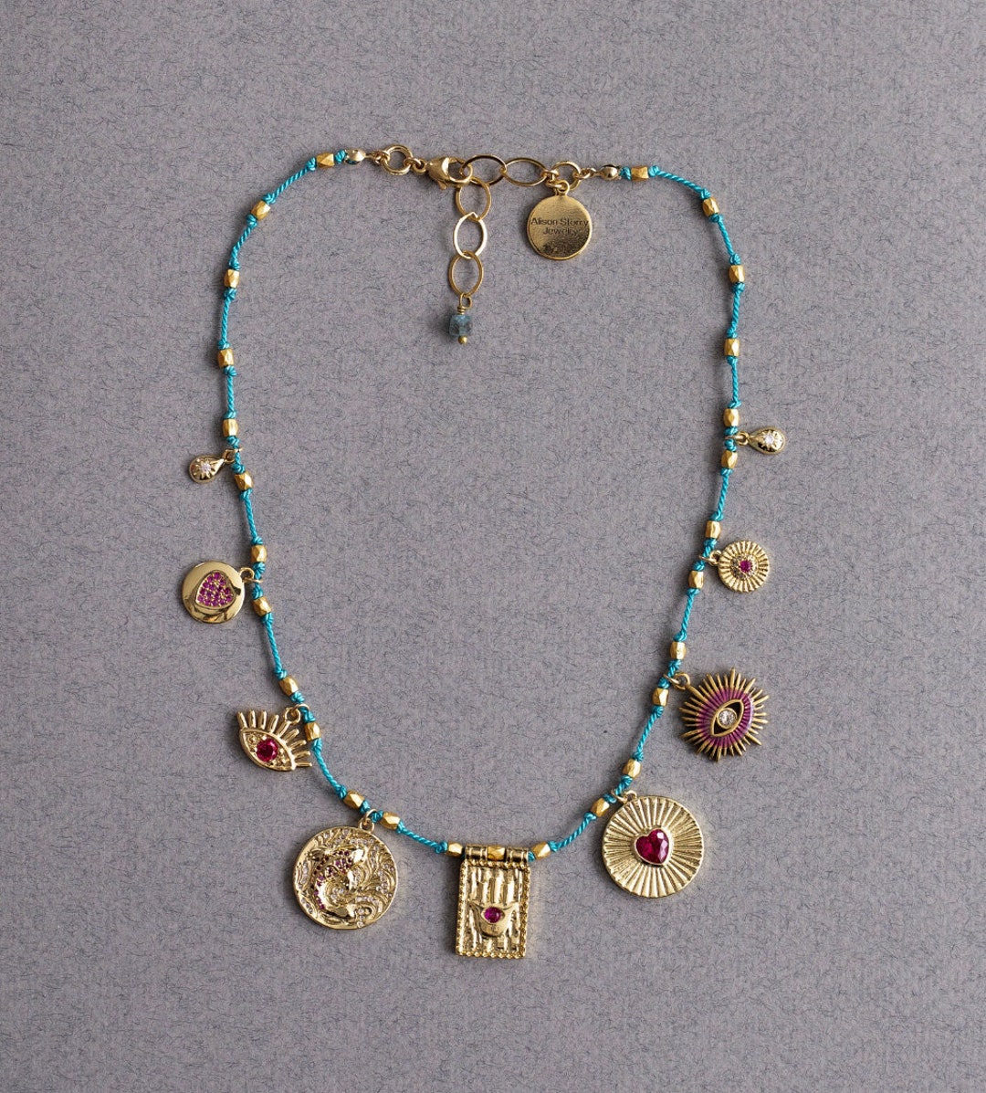 CHARM NECKLACE, NINE Charms, Gold Charm Necklace, Hand Knotted Necklace ...