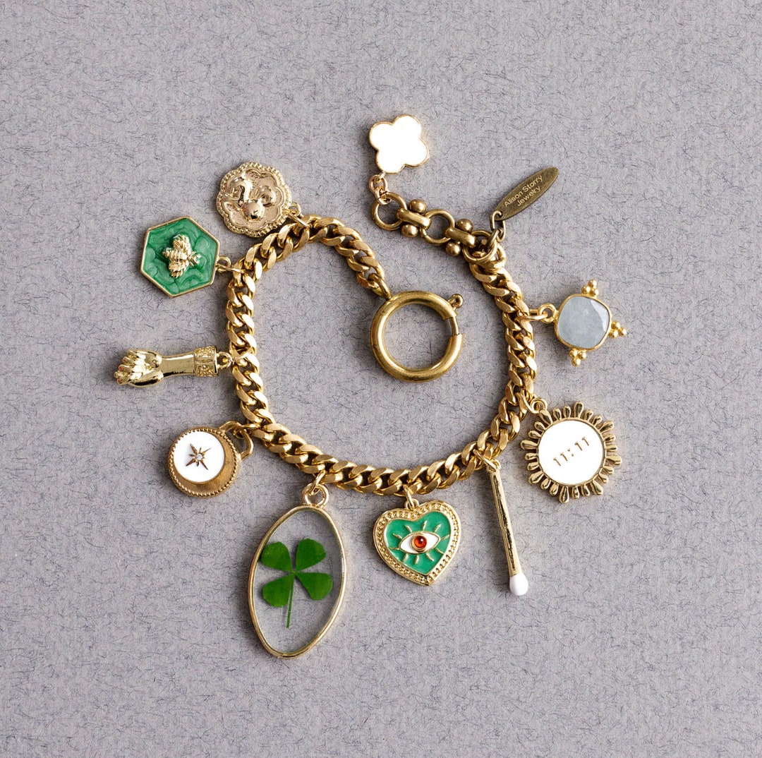 CHARM BRACELET, Clover Charm, TEN Charms, Vintage Chain, Curb Chain ...