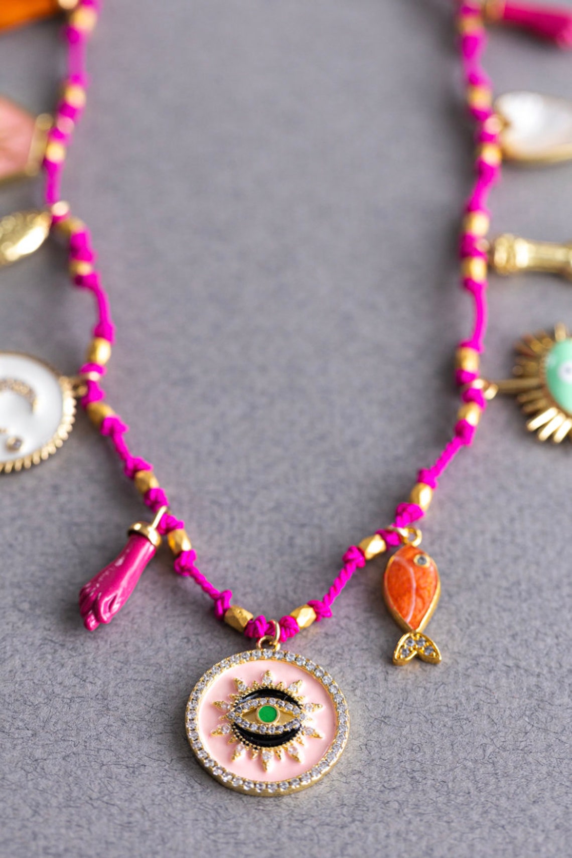 Charm Necklace, Hand Knotted Necklace, Fish Charm Necklace, Charms - Etsy