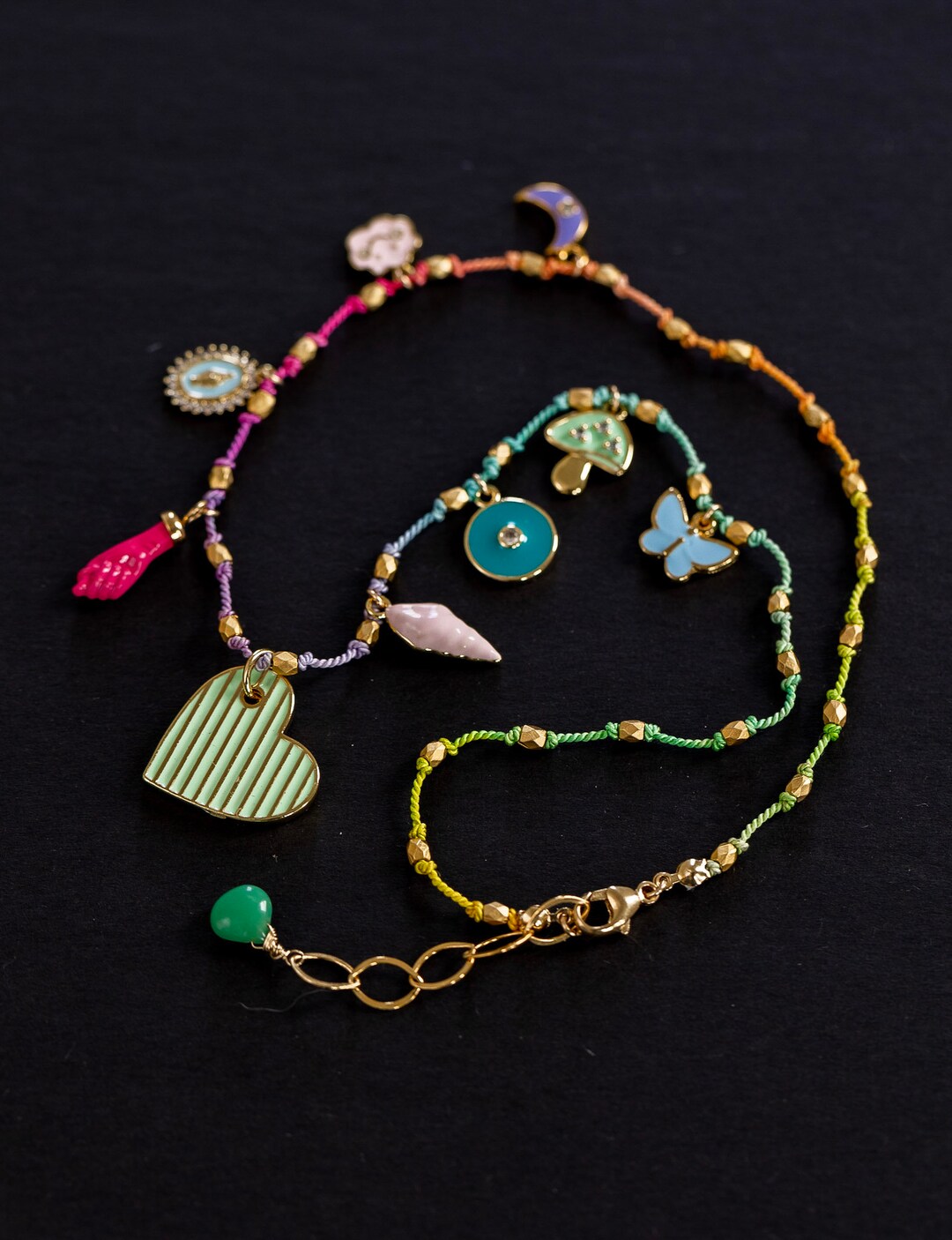 Charm Necklace, NINE CHARMS, Hand Knotted Necklace, Rainbow Necklace ...