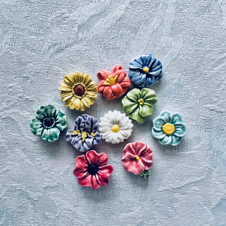 10 Small Ceramic Flowers, Hand Painted Art Tiles, Garden Mosaic Supply ...