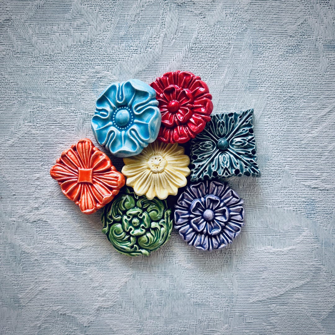 7 Decorative Ceramic Tiles for Mosaic Art, Mixed Media, Hand Painted ...