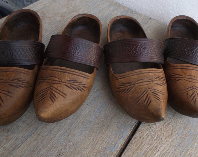 French Folk Art Clogs, Antique Artisan Wood Leather Childrens Clogs, 2 ...