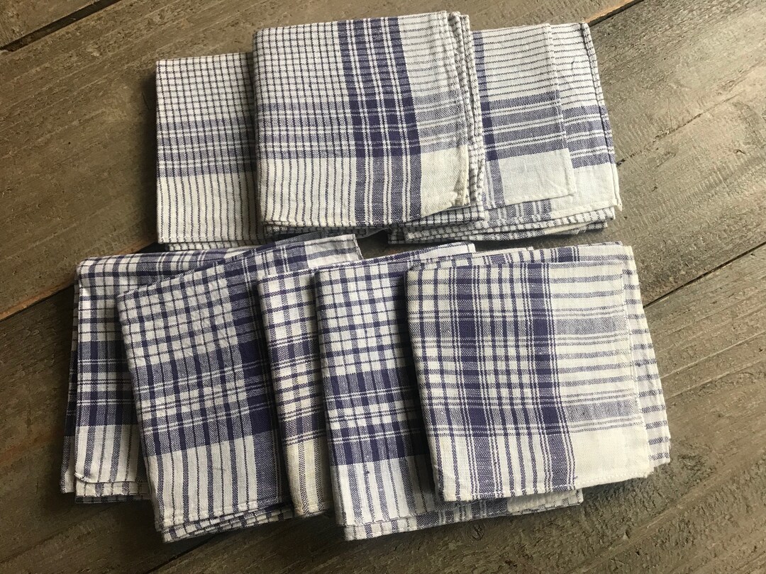 1 French Indigo Check Linen Handkerchief, Faded Indigo Blue Stripe ...