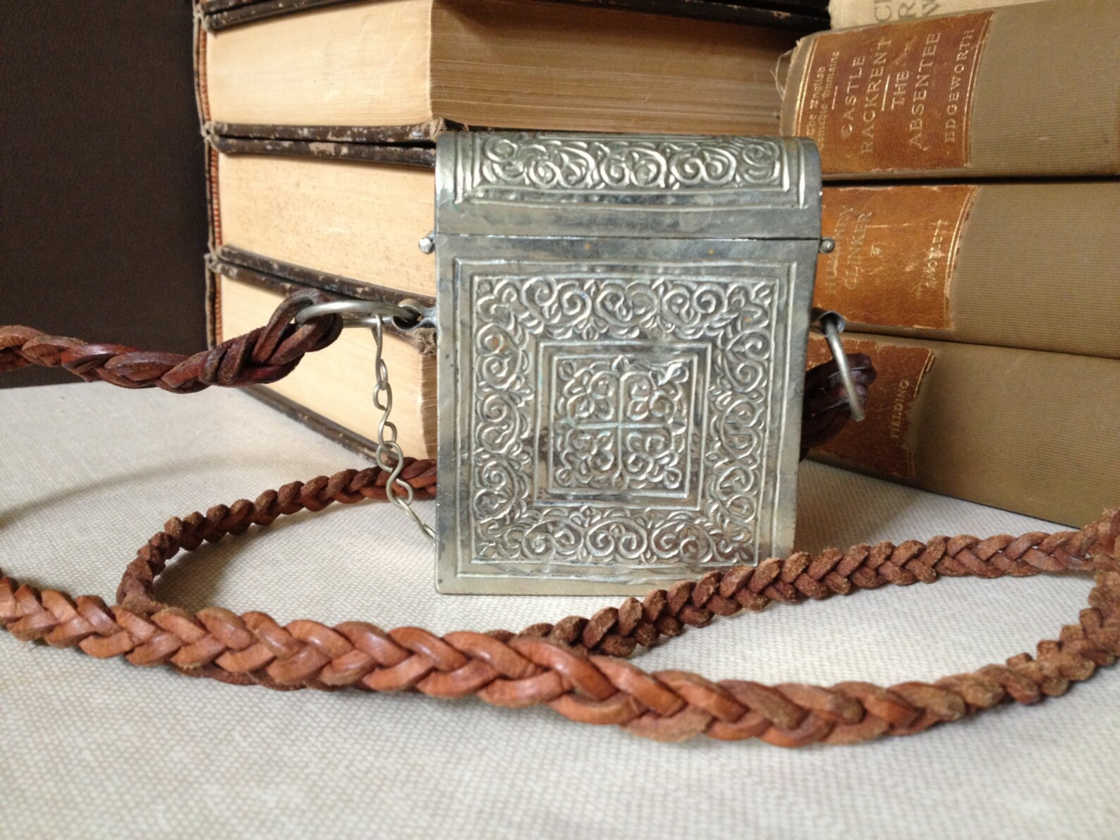Silver Card Case Leather Carry Strap Chatelaine Style Case - Etsy