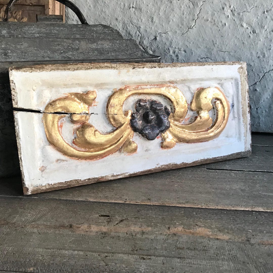 French Carved Wooden Panel, Mount, Plaque, Gilded, Painted Finish ...