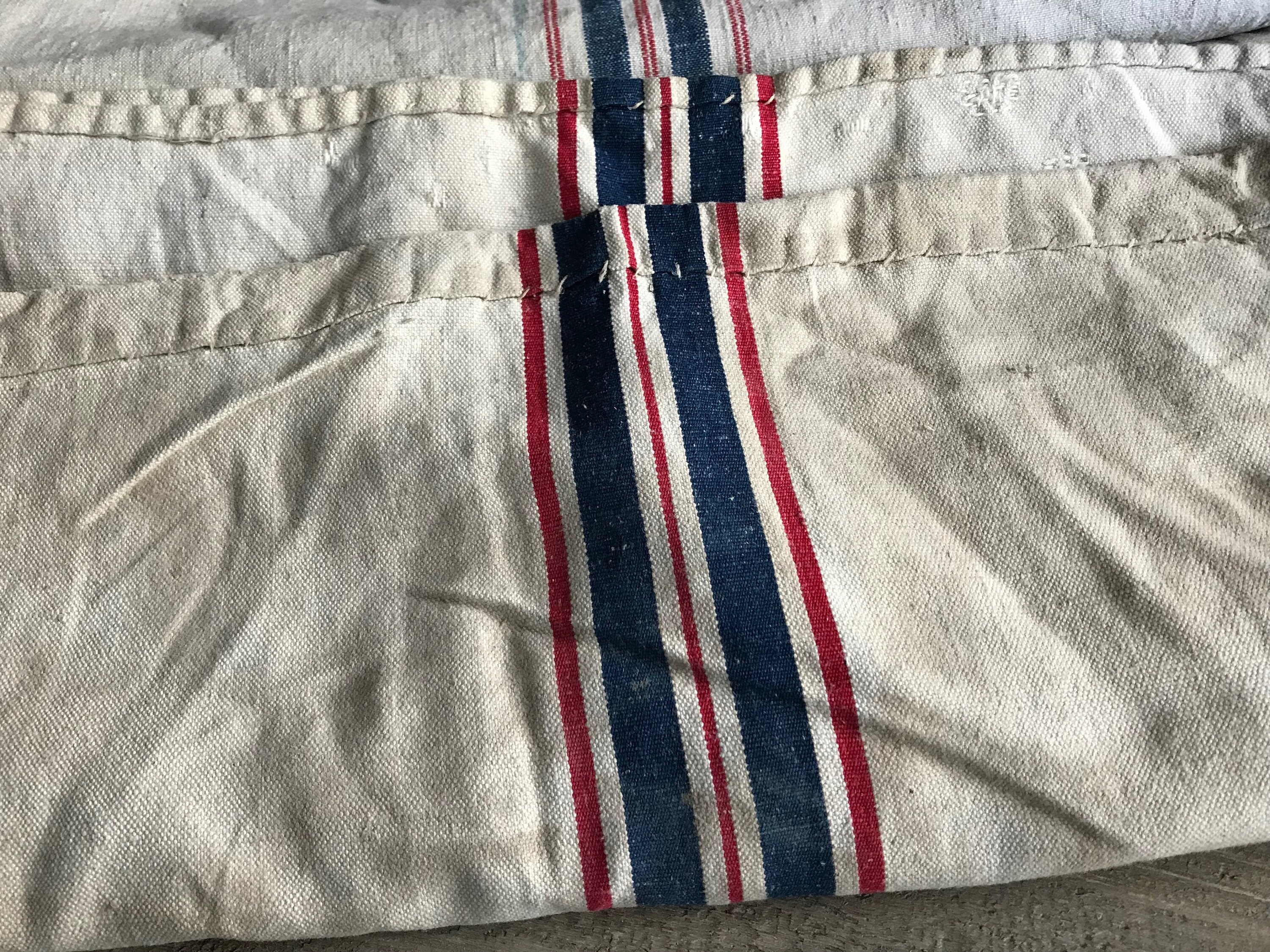 French Linen Grain Sack, Blue Red Stripe, Upholstery Project Textile ...