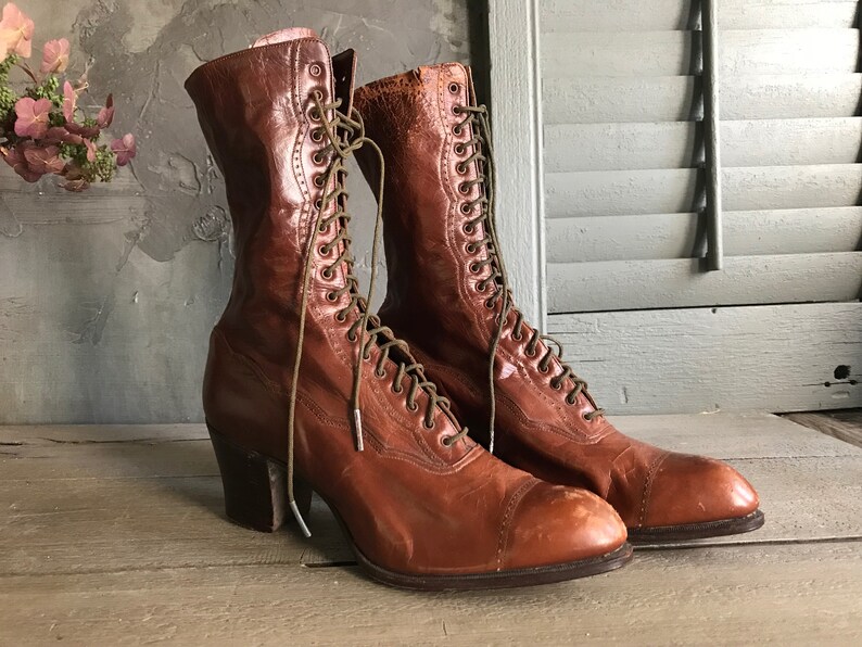 Antique Lace up Boots, 1900s Edwardian Victorian, Brown Leather High ...