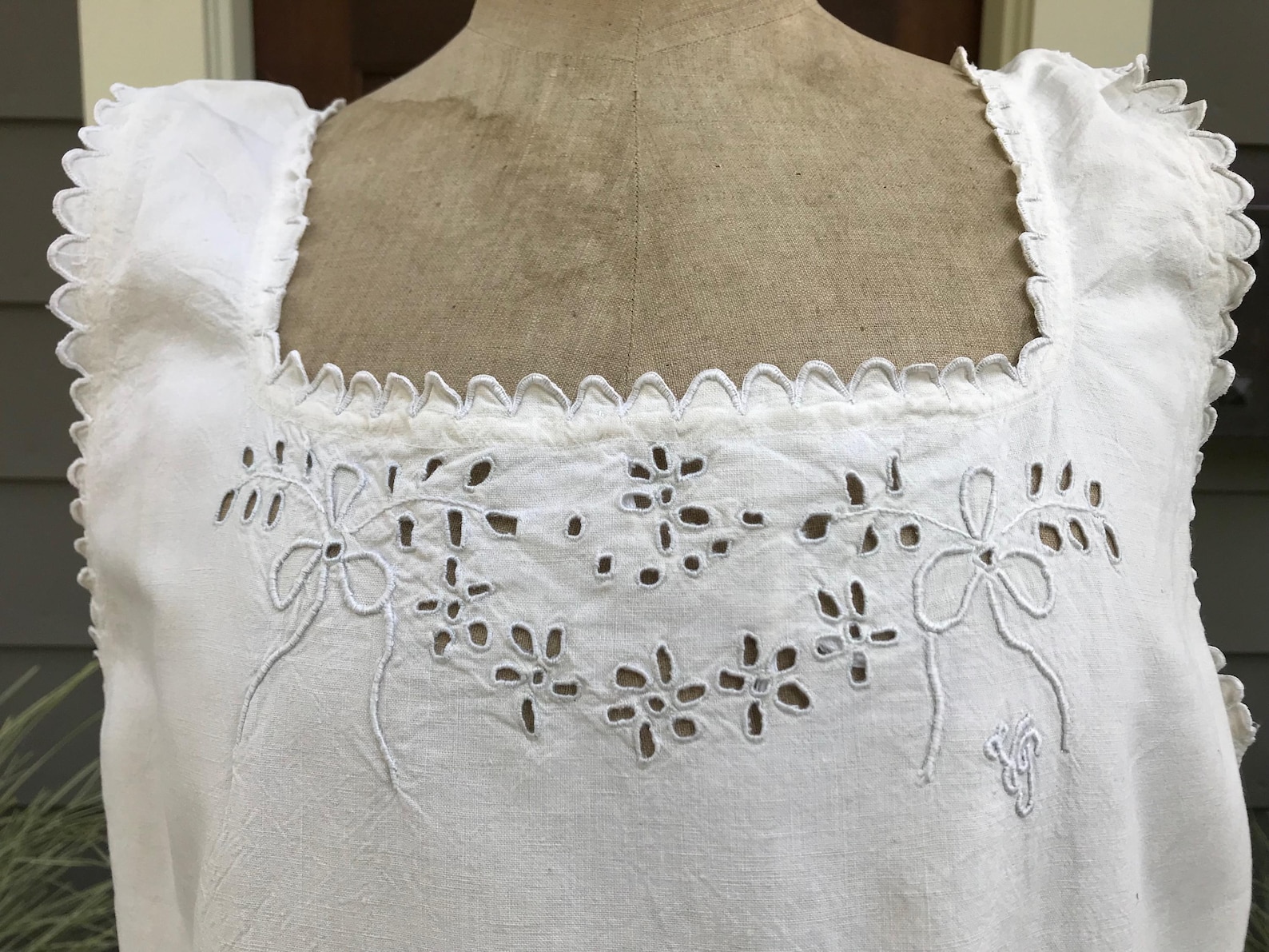 French Linen Nightgown, Floral Ribbon Bow, Embroidered Monogram ...