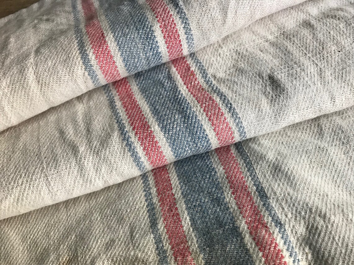 French Linen Laundry Sack, Blue Red Stripe, Grain Flour Sack, French ...